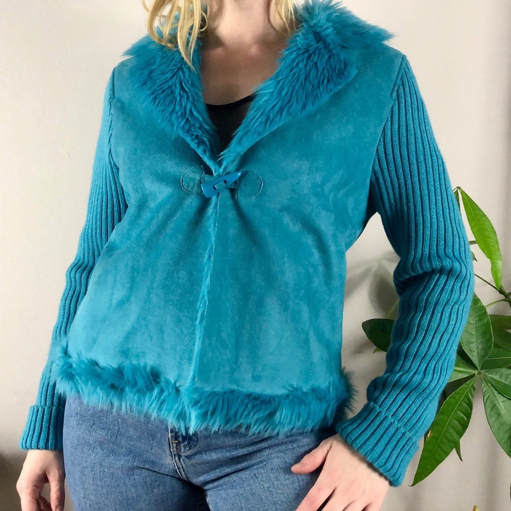 Y2k Fuzzy Collar Faux Suede Jacket - Gem